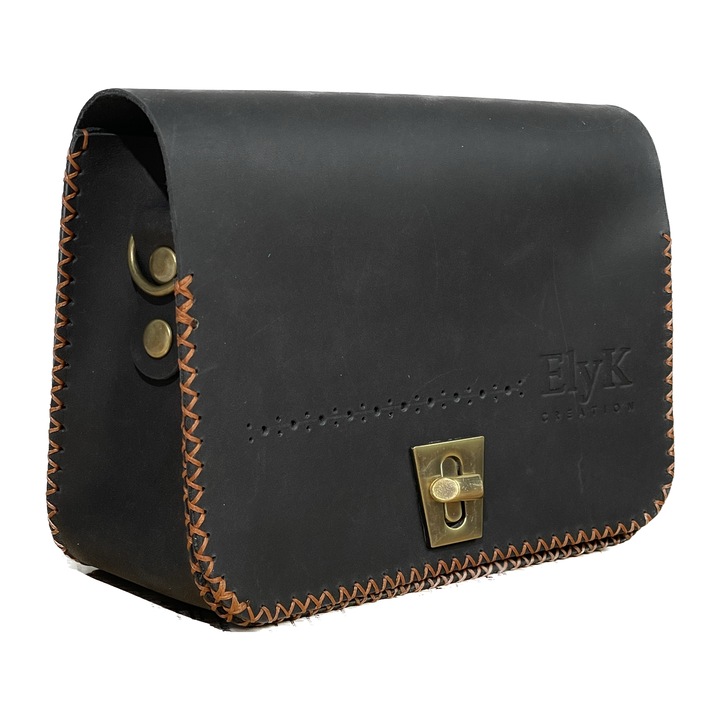 Geanta dama din piele naturala, NEAGRA, cusuta manual, Sarah, handmade ...