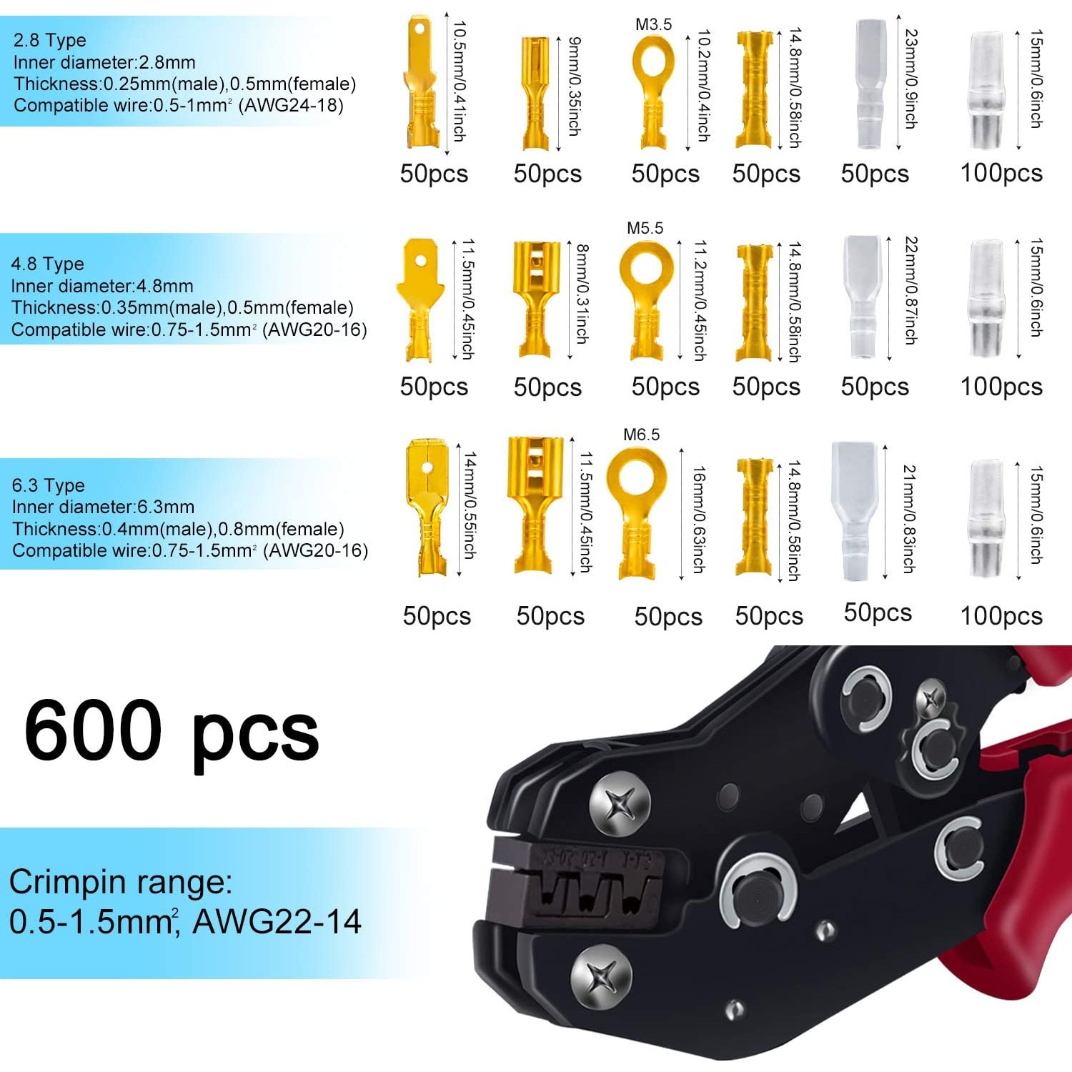 Set cleste de sertizat/terminale pentru cabluri, 600 Piese, Multicolor ...