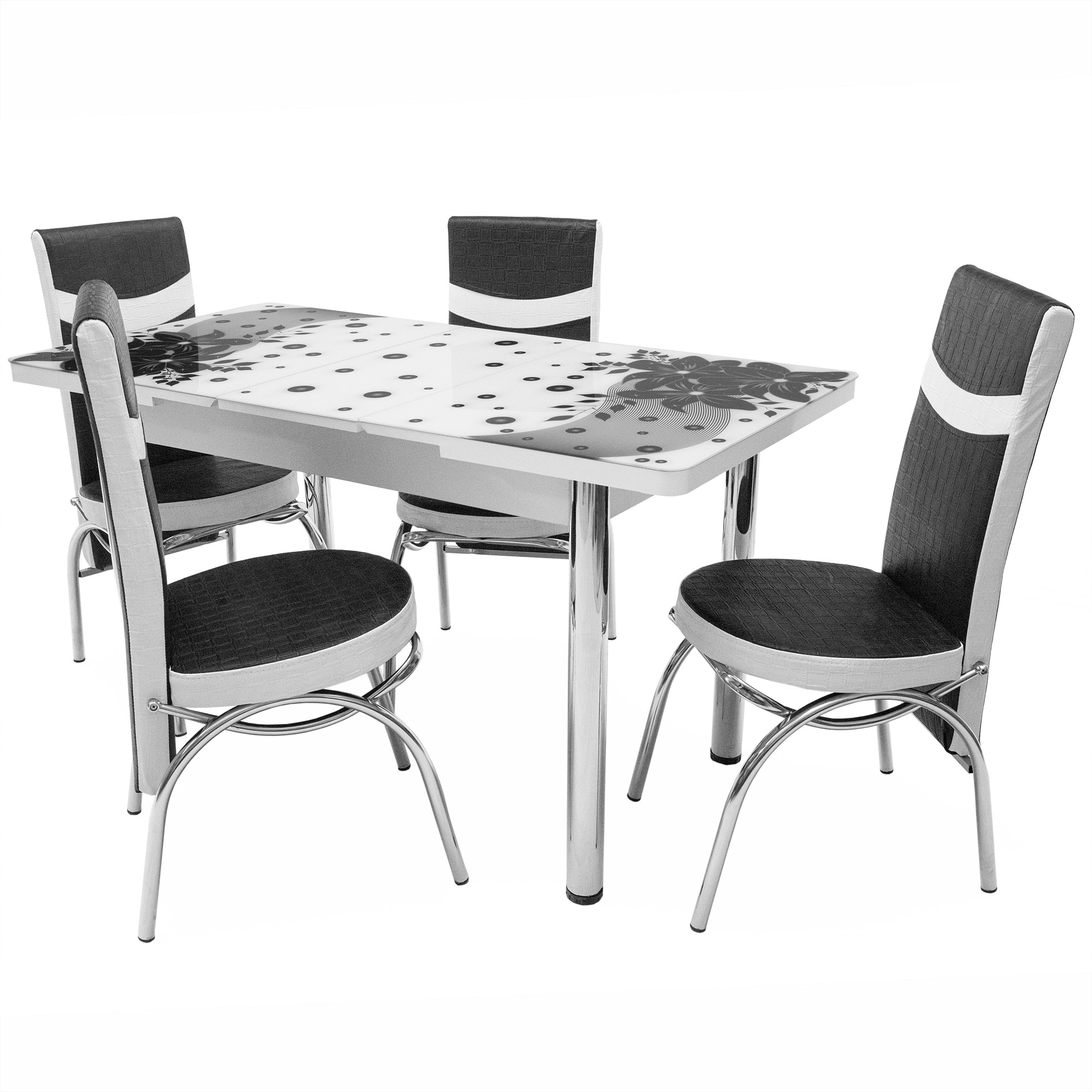 Set masa San Marino cu 4 scaune, DENVER, extensibila, model Flori negre ...