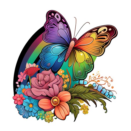 Sticker decorativ, Fluture, Curcubeu si Flori, Multicolor, 68 cm ...