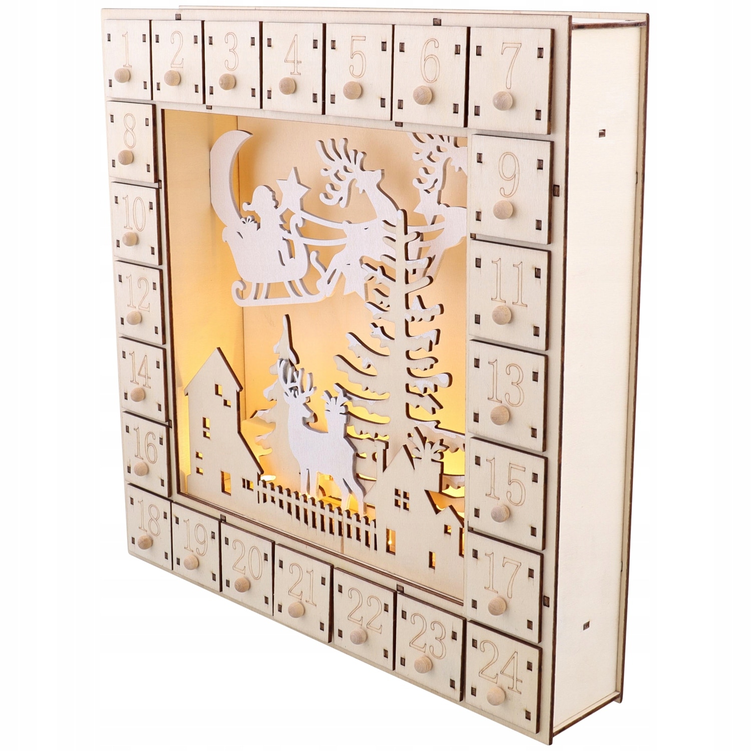 Calendar de Advent din lemn cu iluminare led, Maro deschis, 30 x 6,5 cm ...