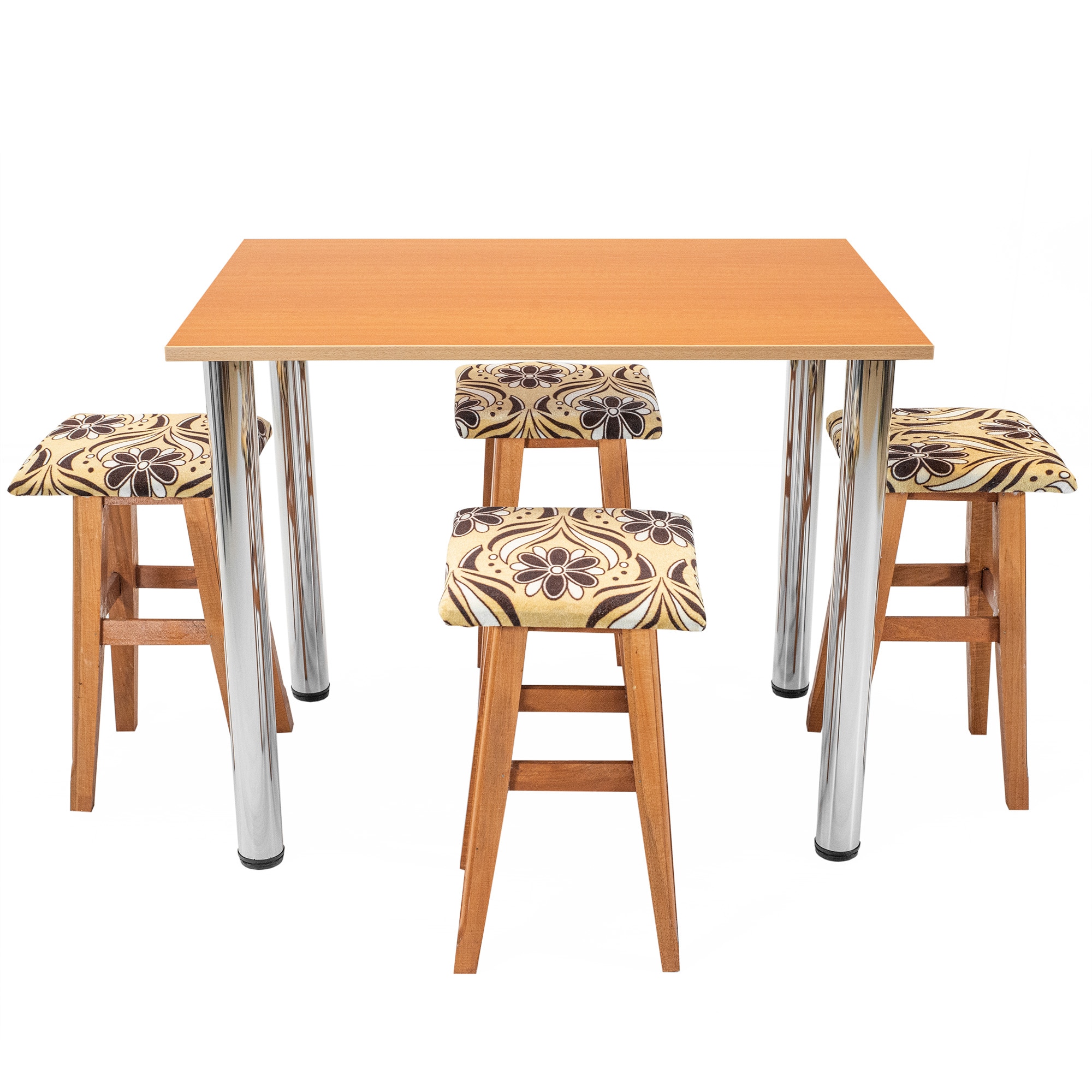 Set masa cu 4 scaune lemn tip taburet, model Nett maro floral, DENVER ...
