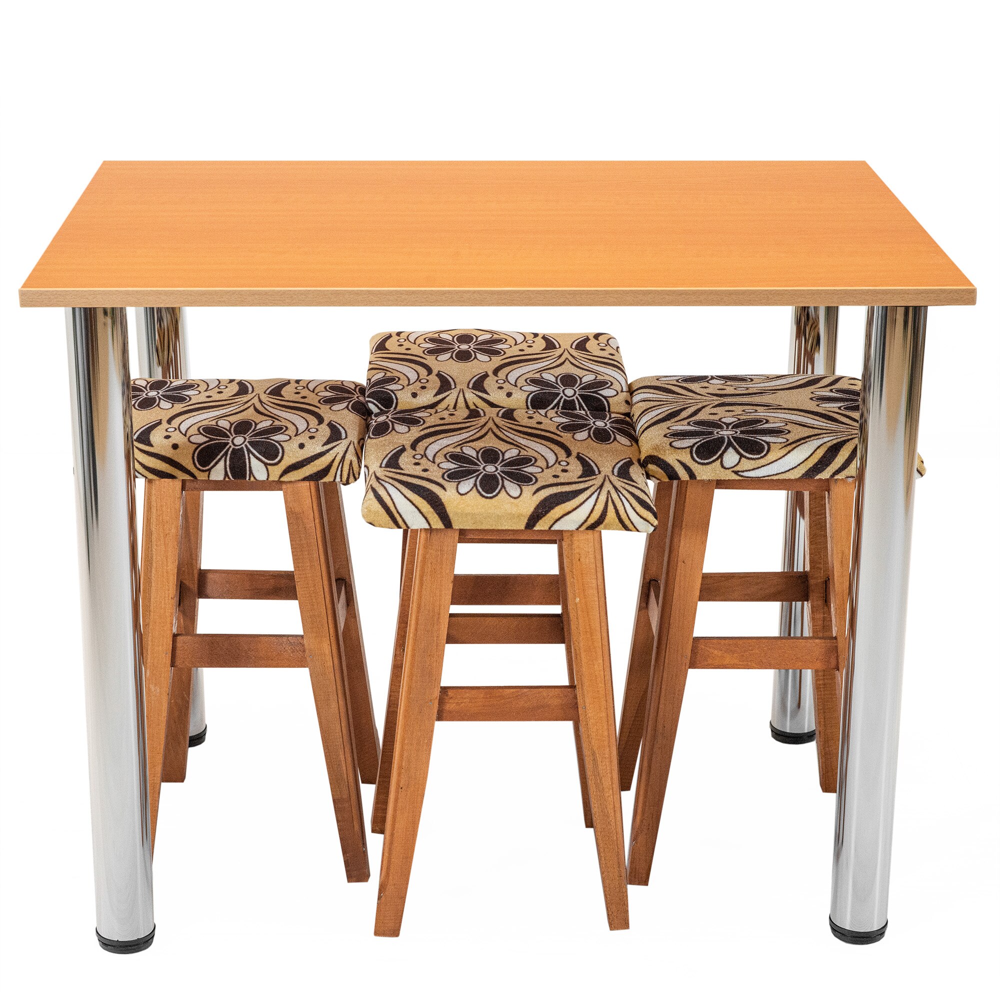 Set masa cu 4 scaune lemn tip taburet, model Nett maro floral, DENVER ...