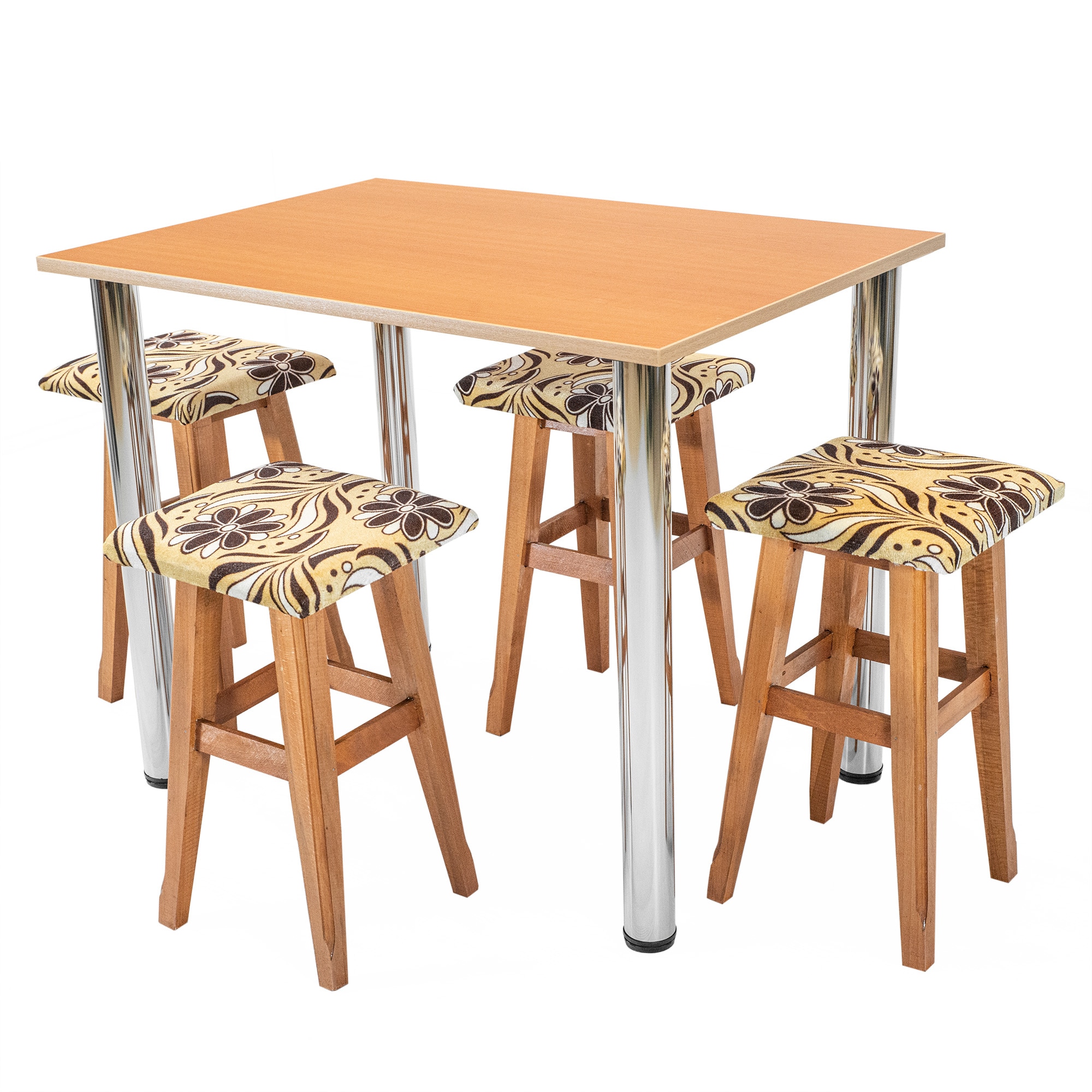 Set masa cu 4 scaune lemn tip taburet, model Nett maro floral, DENVER ...