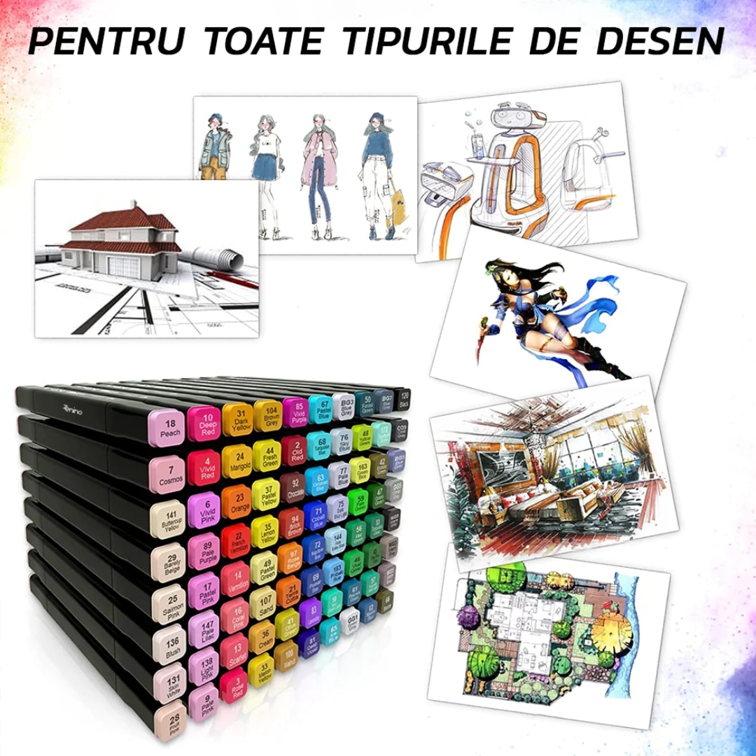 Set 204 Markere Zenino - 2 Varfuri, Culori Intense, Geanta de ...