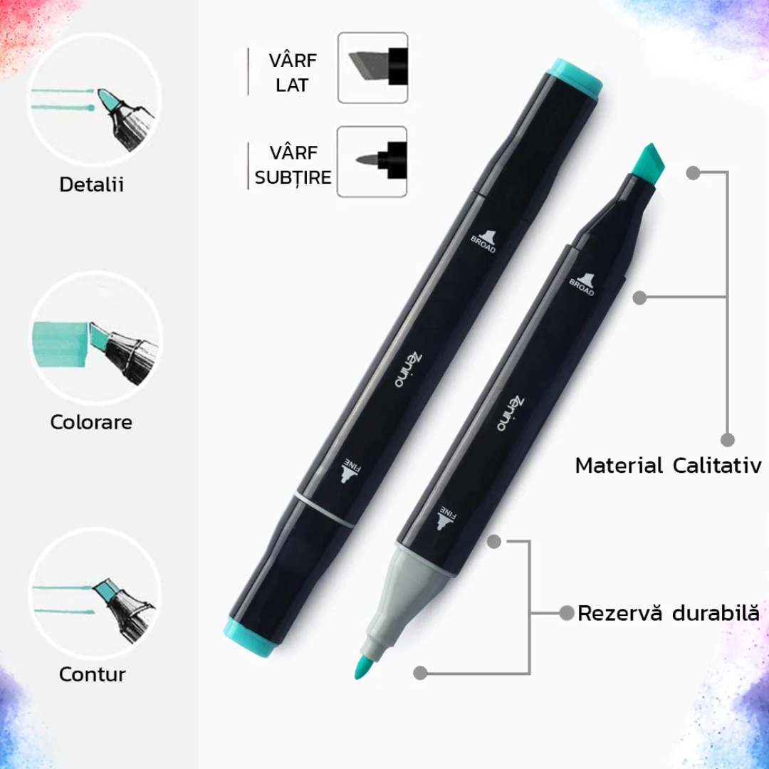 Set 204 Markere Zenino - 2 Varfuri, Culori Intense, Geanta de ...