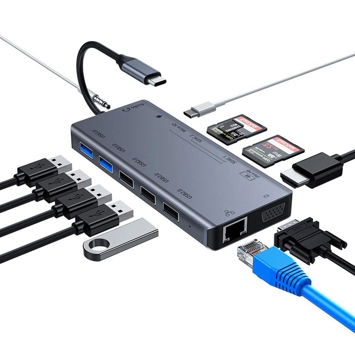 Adaptor HUB 13 in 1 Zenino - 1000Mbs/s, Porturi USB/HDMI/AUX/Ethernet ...