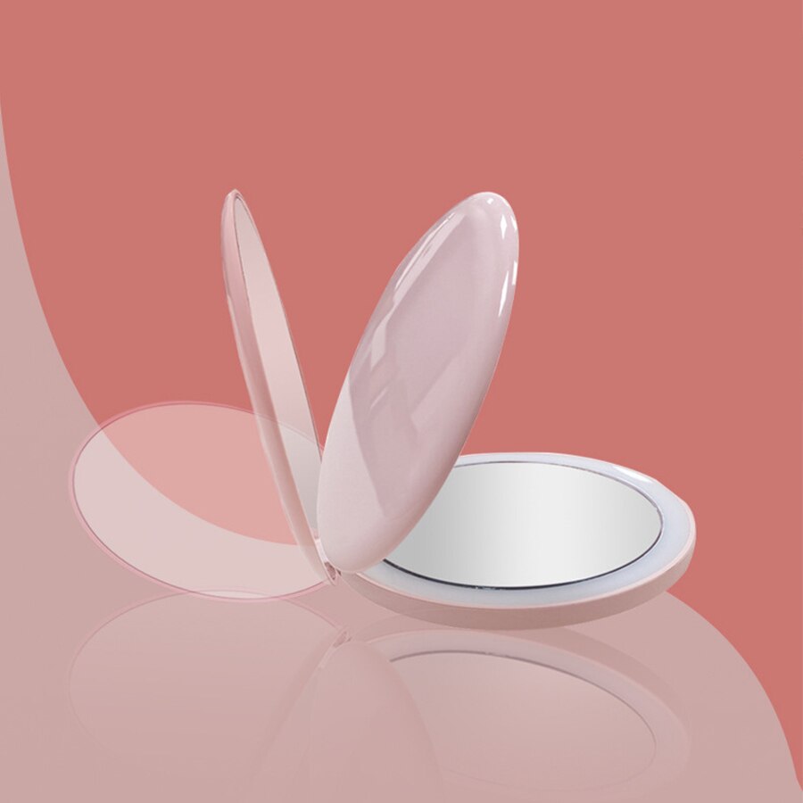 Mini oglinda, Sundiguer, iluminata cu LED, portabila, rotunda, USB, Roz ...