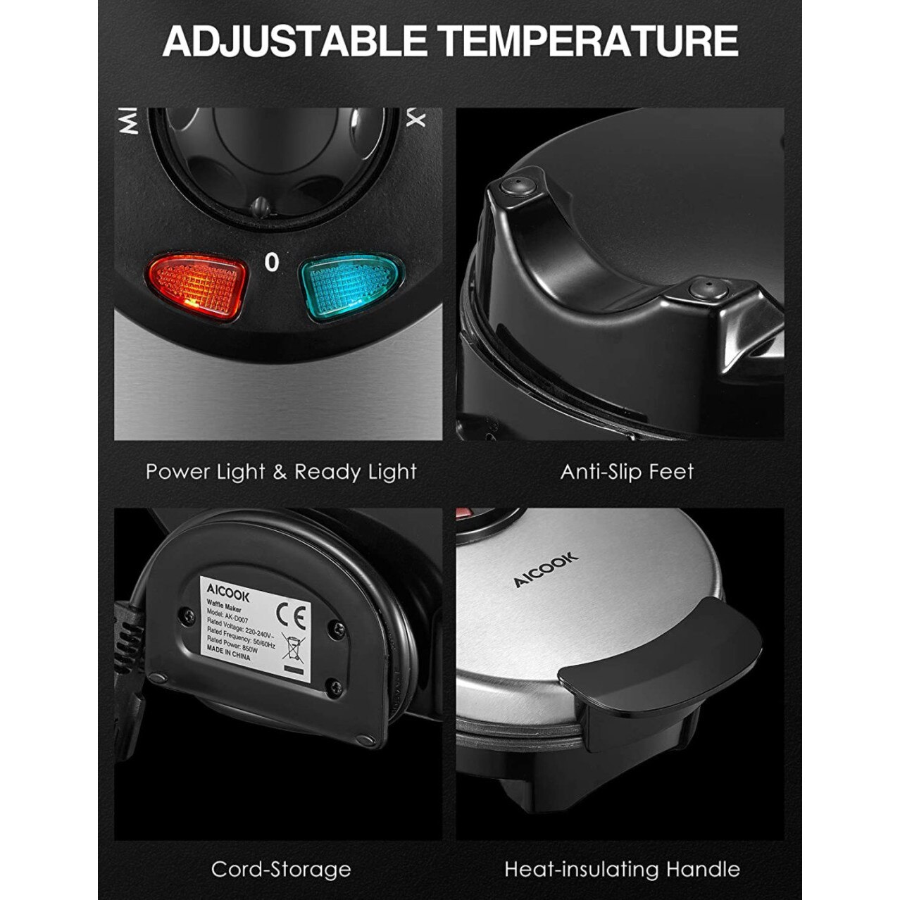 Aicook Waffel- és Gofrisütő, 850W, tapadásmentes felület, kör alakú ...