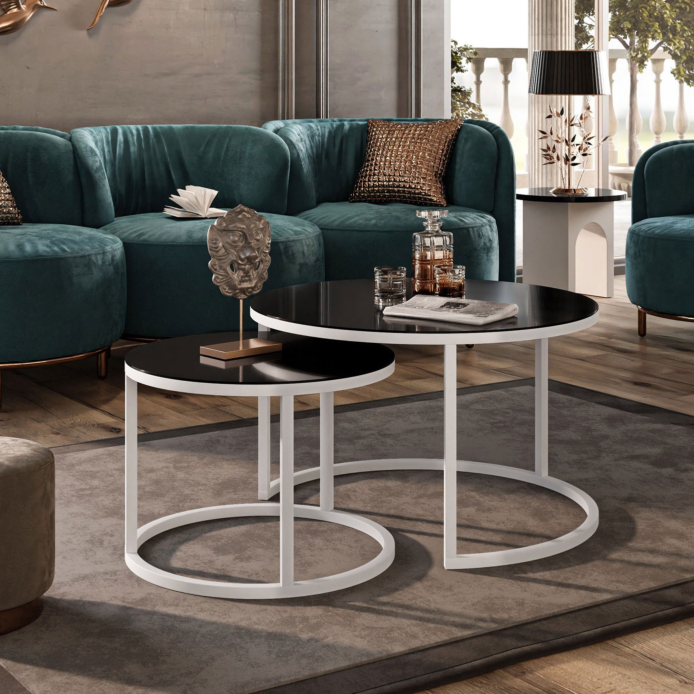 Masa de Cafea Rotunda 2in1 CIRI GLASS, Lukmebel, Alb/ Negru Sticla ...