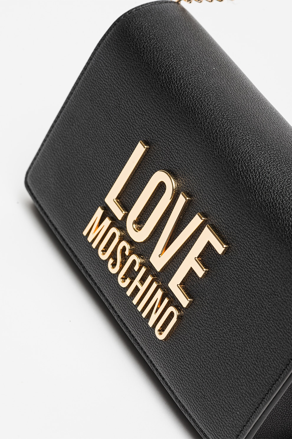 Love Moschino, Geanta crossbody cu bareta din lant si aplicatie logo ...