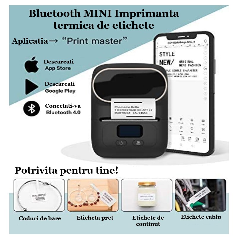 Mini Imprimanta Portabila, Etichetare Termica, M110, Bluetooth, 1x rola ...