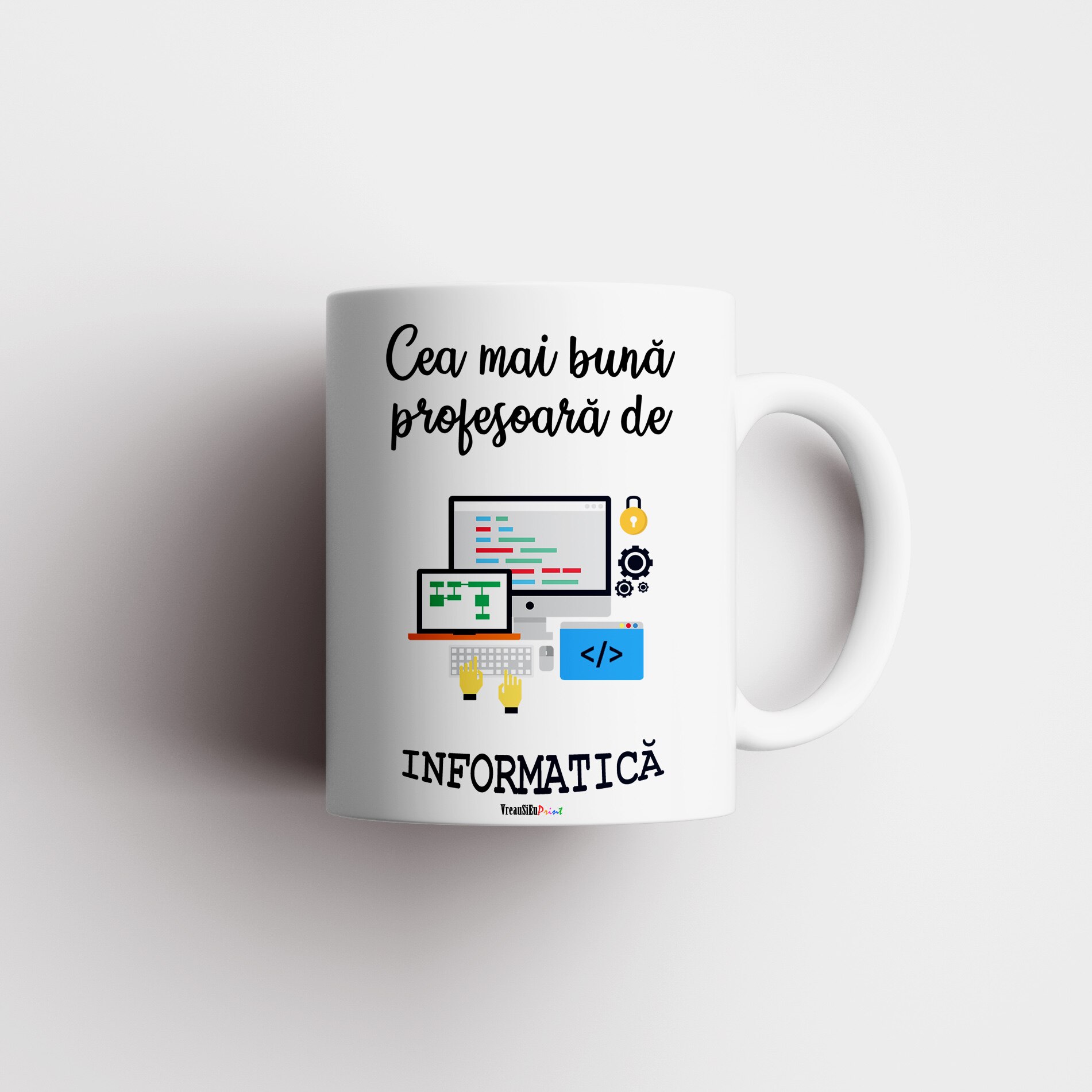 Set personalizat pentru Profesoara Informatica, cana ceramica alba cu ...