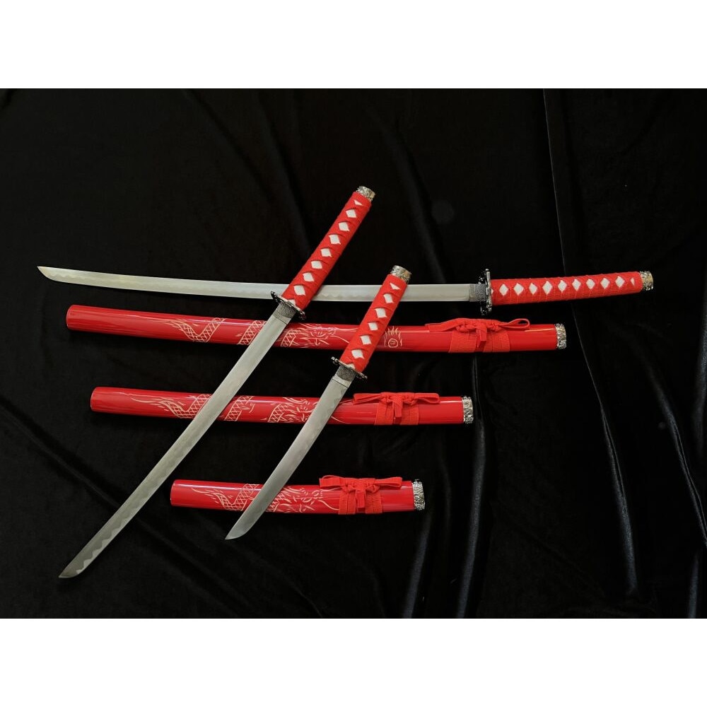Set de 3 Sabii Katana Wakizashi Tanto cu Teaca si Suport, Otel Carbon ...