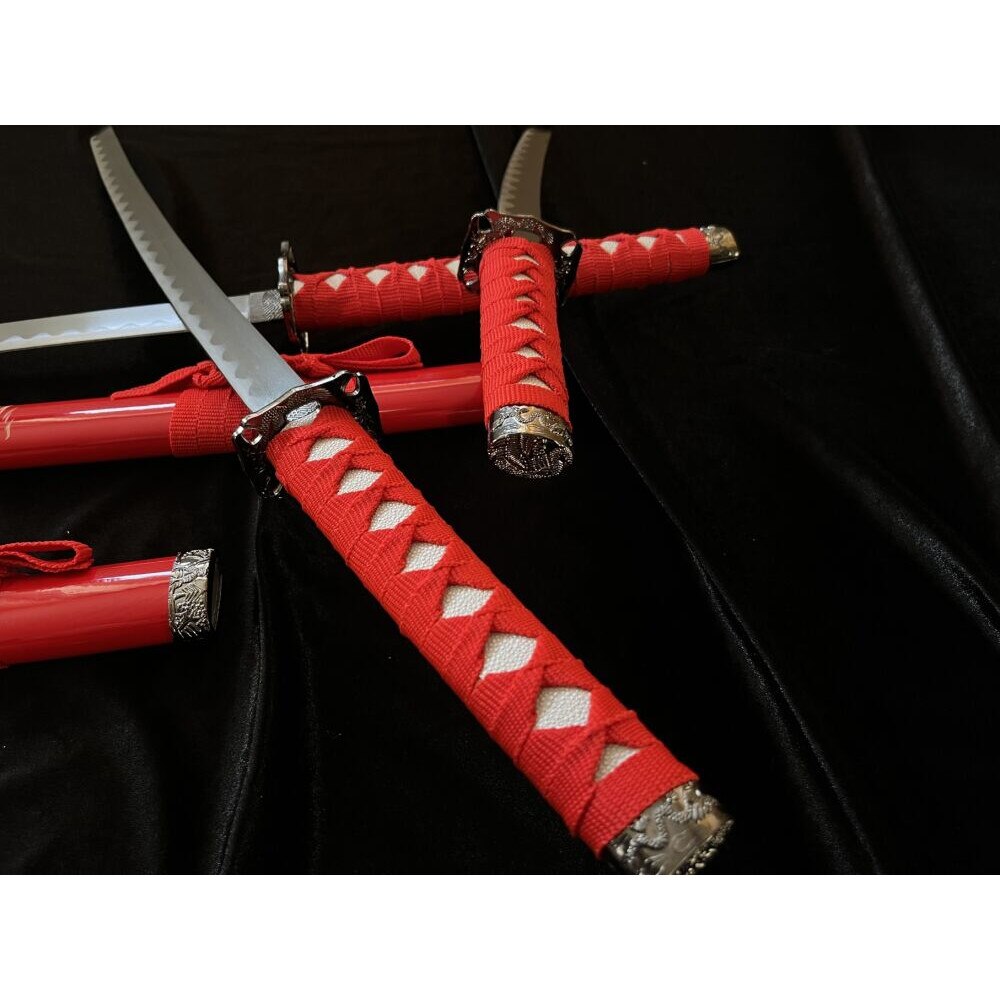 Set de 3 Sabii Katana Wakizashi Tanto cu Teaca si Suport, Otel Carbon ...