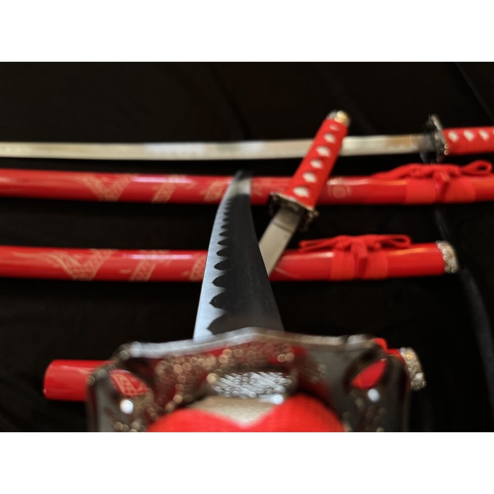 Set de 3 Sabii Katana Wakizashi Tanto cu Teaca si Suport, Otel Carbon ...
