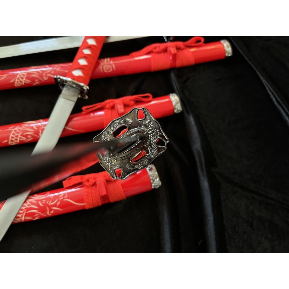 Set de 3 Sabii Katana Wakizashi Tanto cu Teaca si Suport, Otel Carbon ...