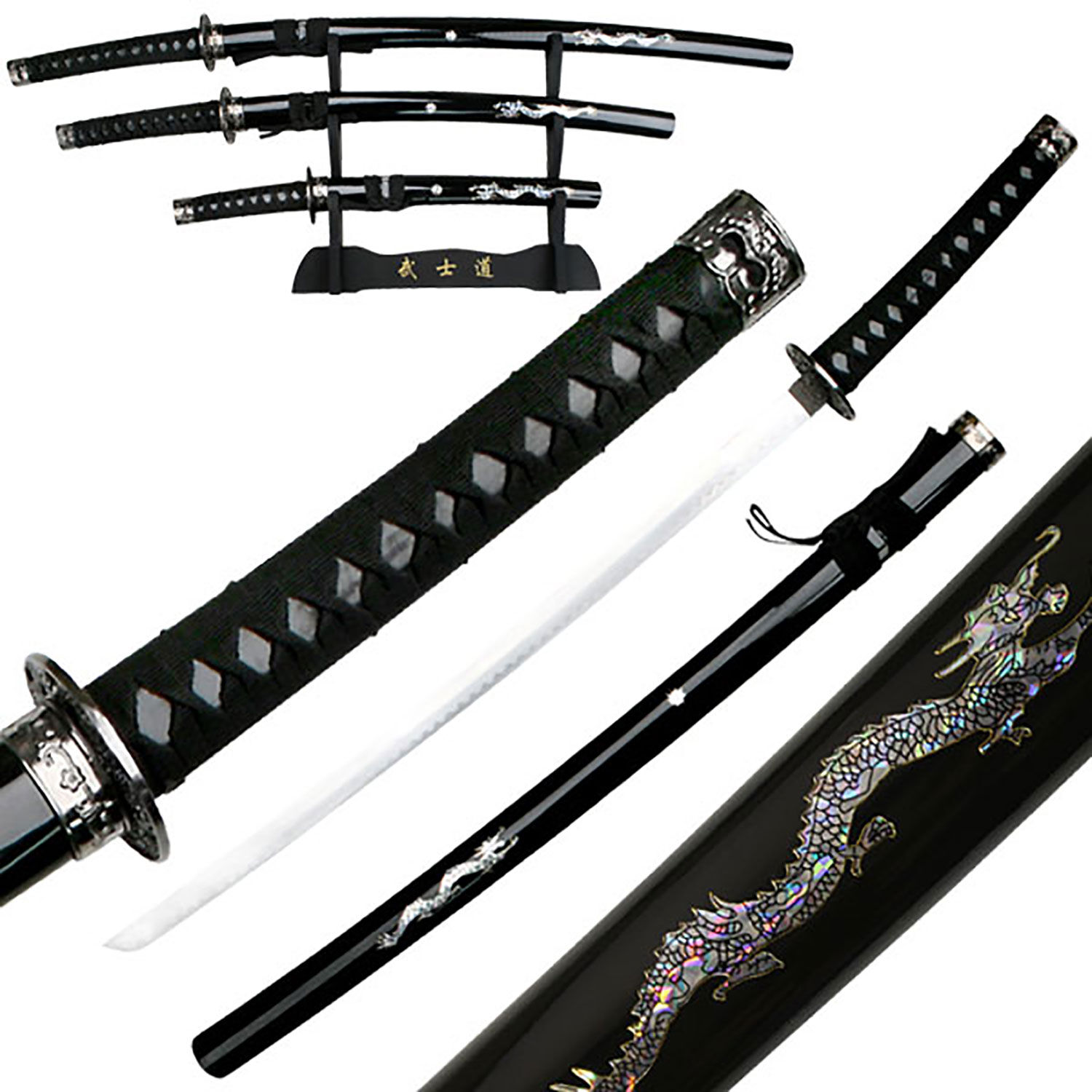 Set de 3 Sabii de Samurai cu Teaca si Suport, Inox, JS-697 - eMAG.ro