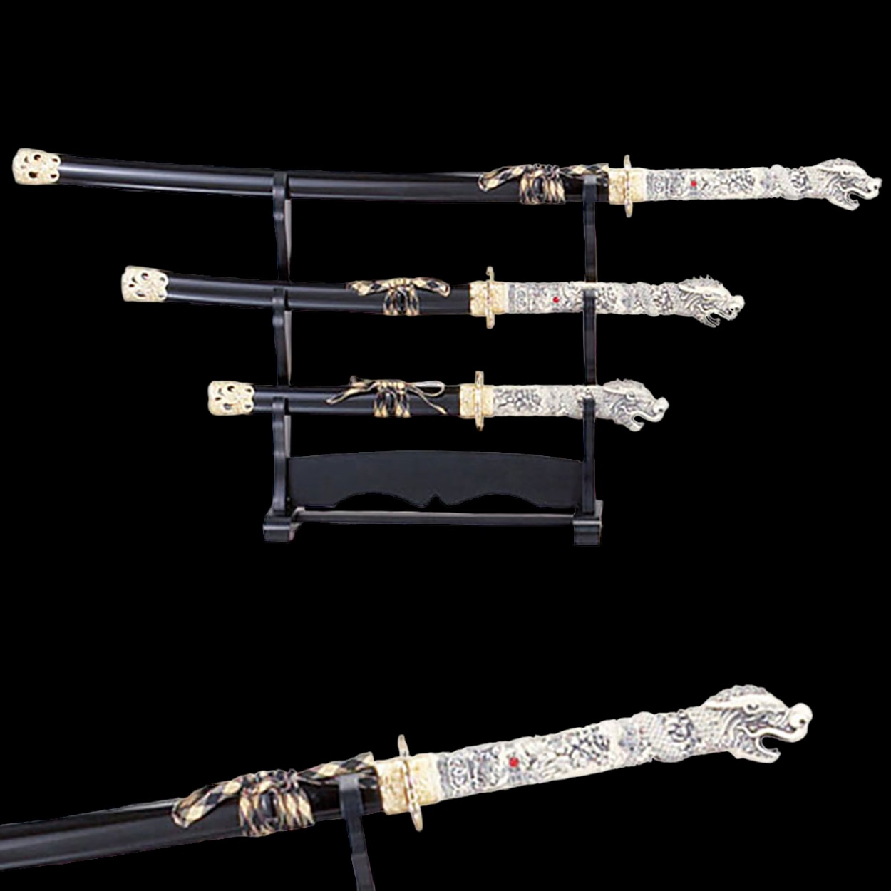 Set de 3 Sabii de Samurai cu Teaca si Suport, Inox, C-003/4 - eMAG.ro