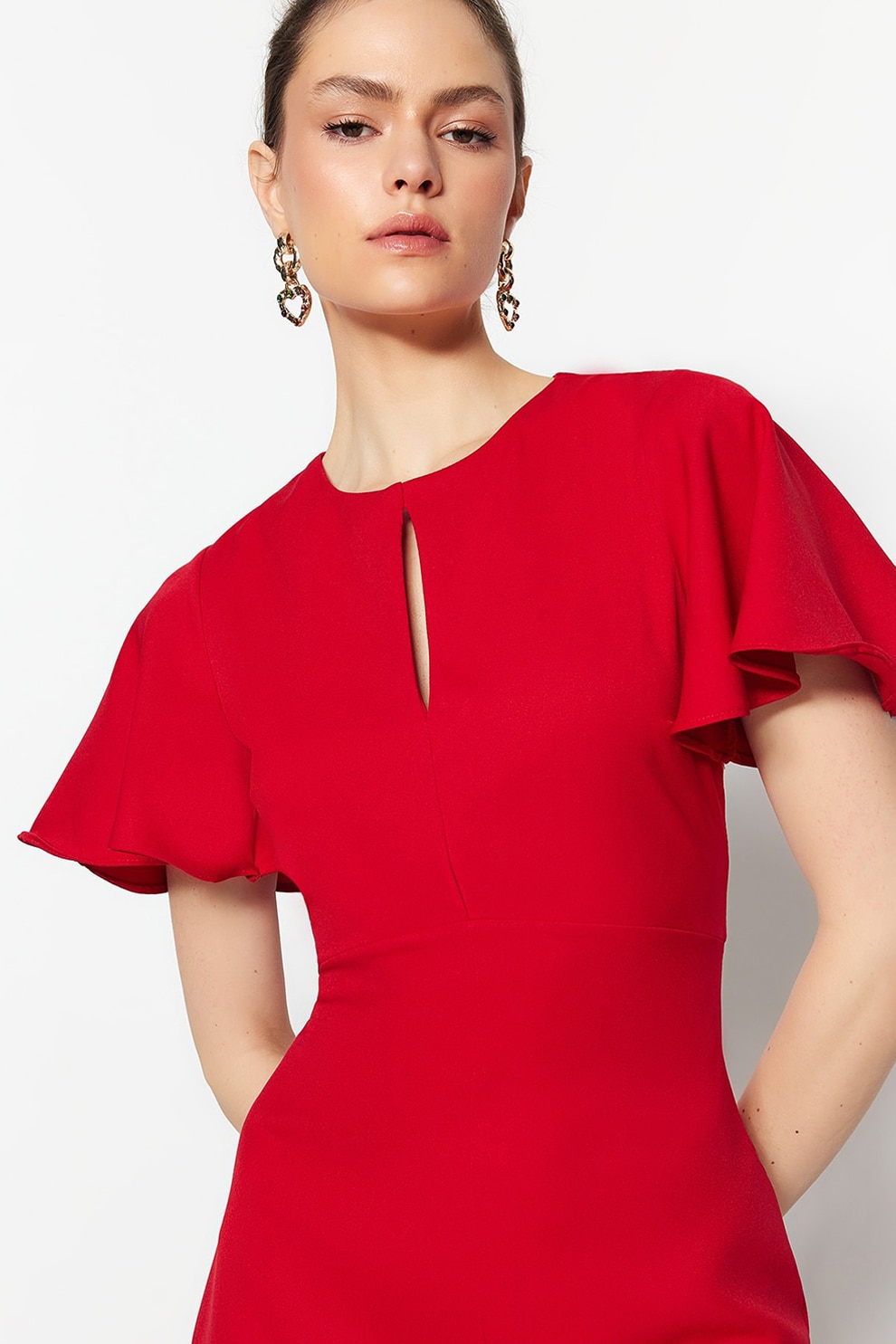 Trendyol, Rochie midi cu maneci fluture, Rosu, 36 - eMAG.ro