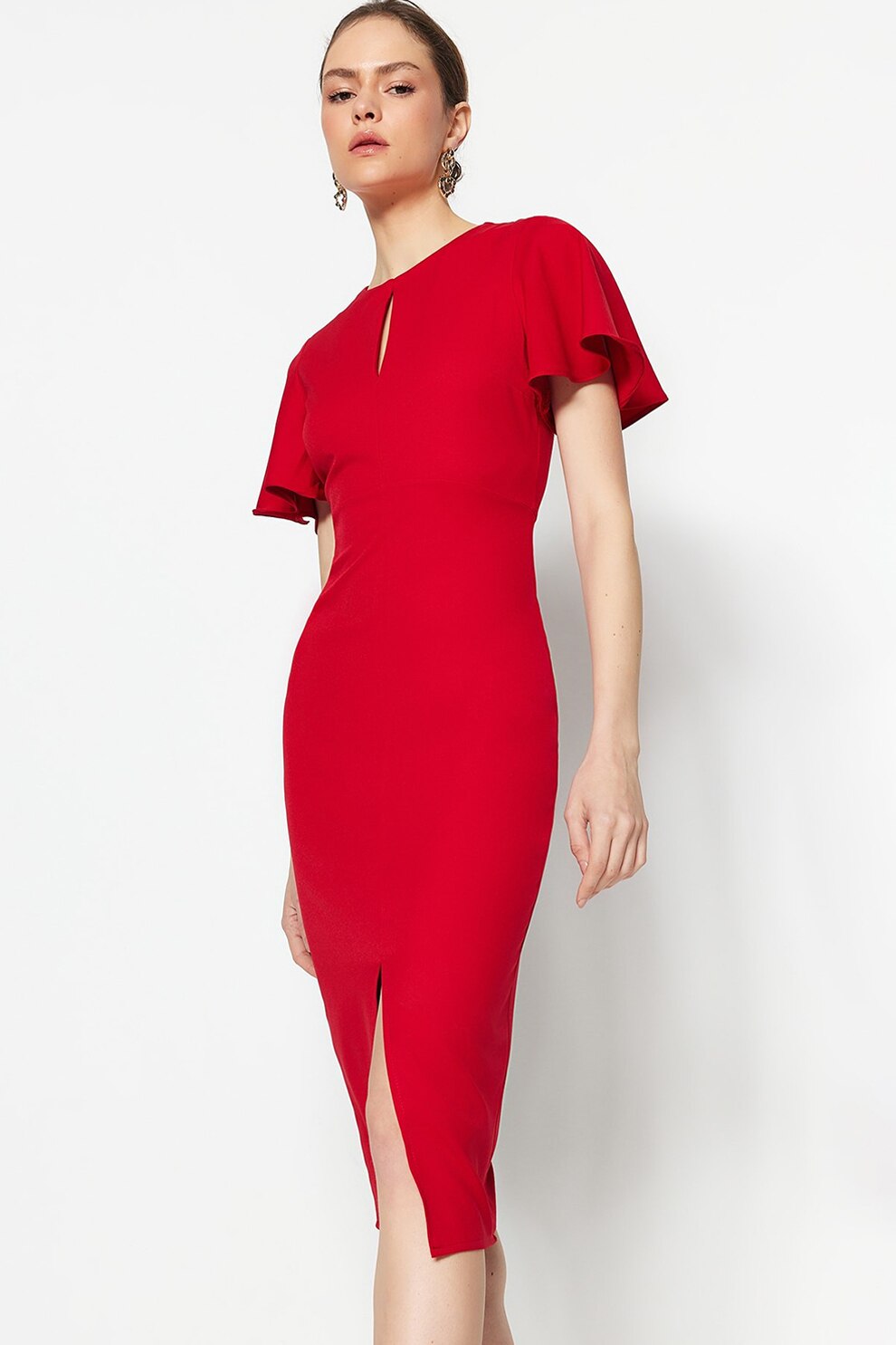 Trendyol, Rochie midi cu maneci fluture, Rosu, 36 - eMAG.ro