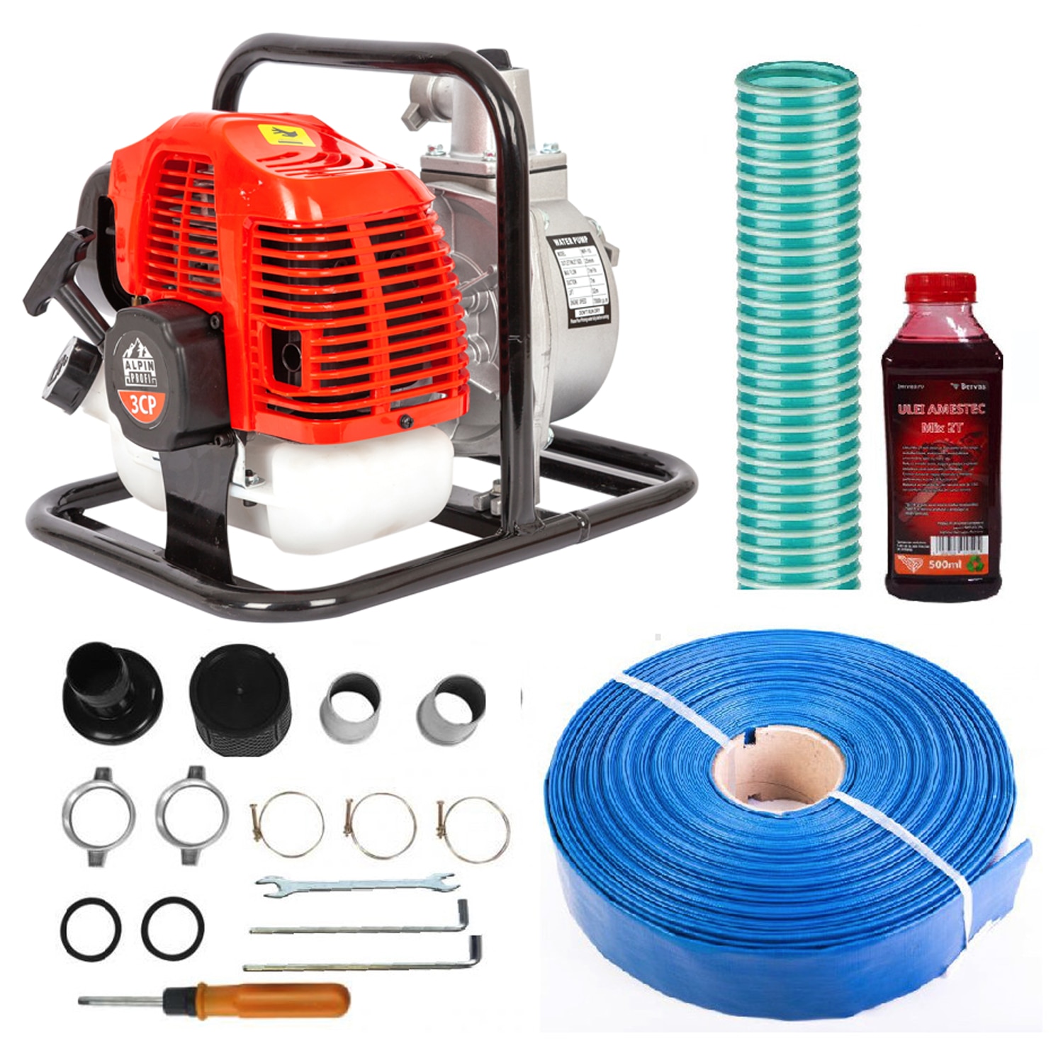 Set Motopompa apa Alpin Profi, 1 Tol, 8m3, 3CP, motor 2 Timpi, furtun ...