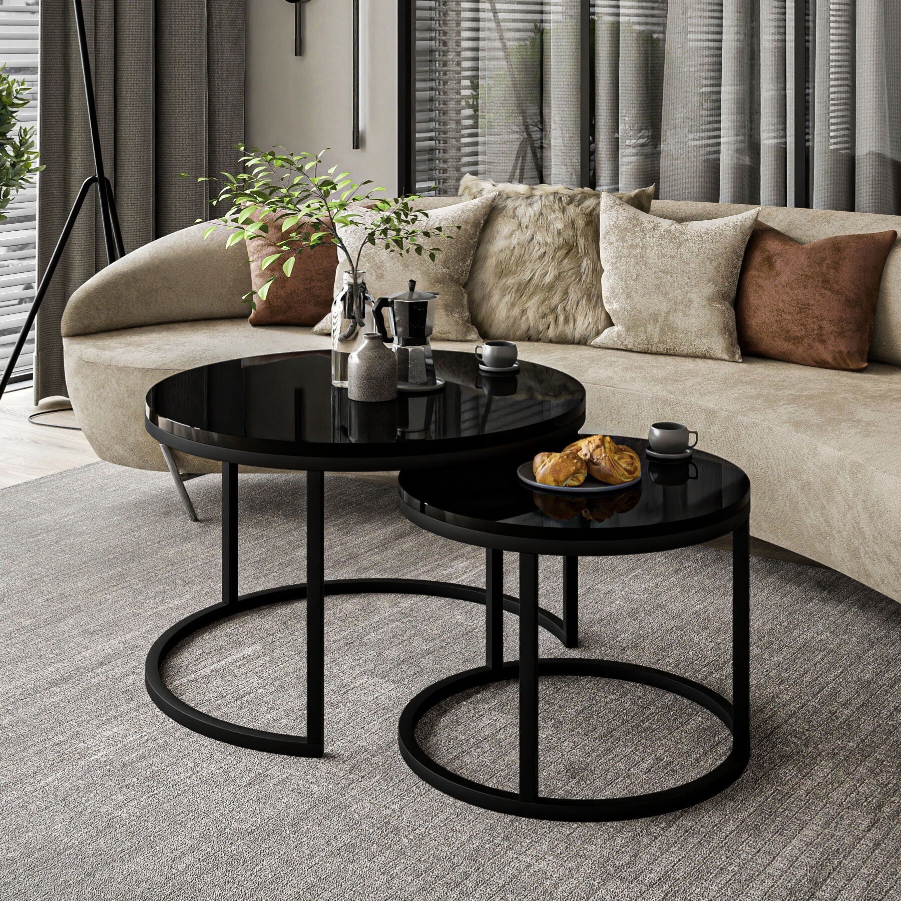 Masa de Cafea Rotunda CIRI 2in1, Lukmebel, Negru/ Negru Luciu, Mare ...