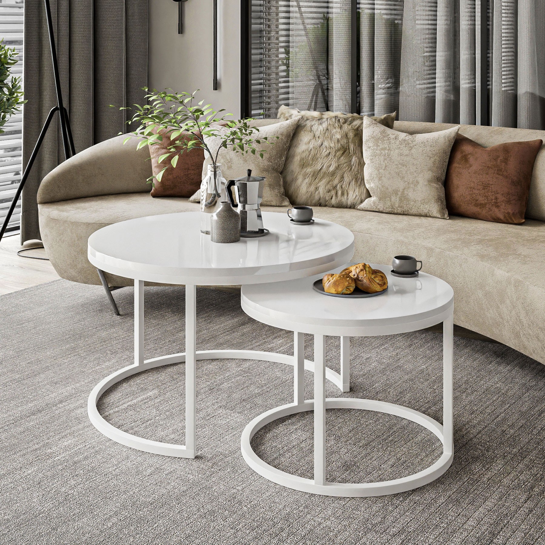 Masa de Cafea Rotunda CIRI 2in1, Lukmebel, Alb/ Alb Luciu, Mare 70x48 ...
