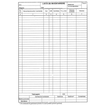 Lista inventar 7 coloane verticala, format A4, orientare portret, 100 ...