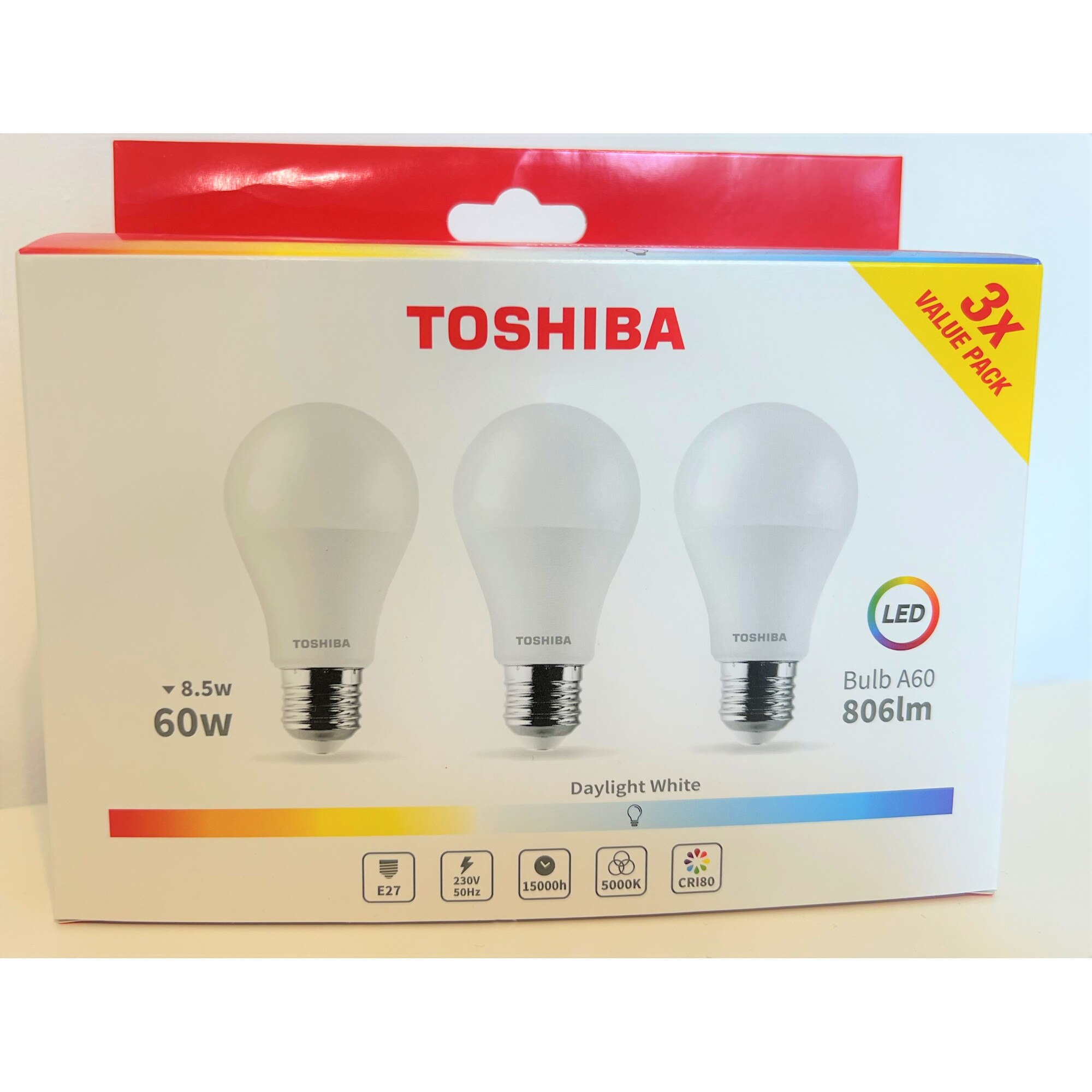 Set 3 becuri LED Toshiba E27, 8.5W (60W) lumina alba neutra 5000K - eMAG.ro
