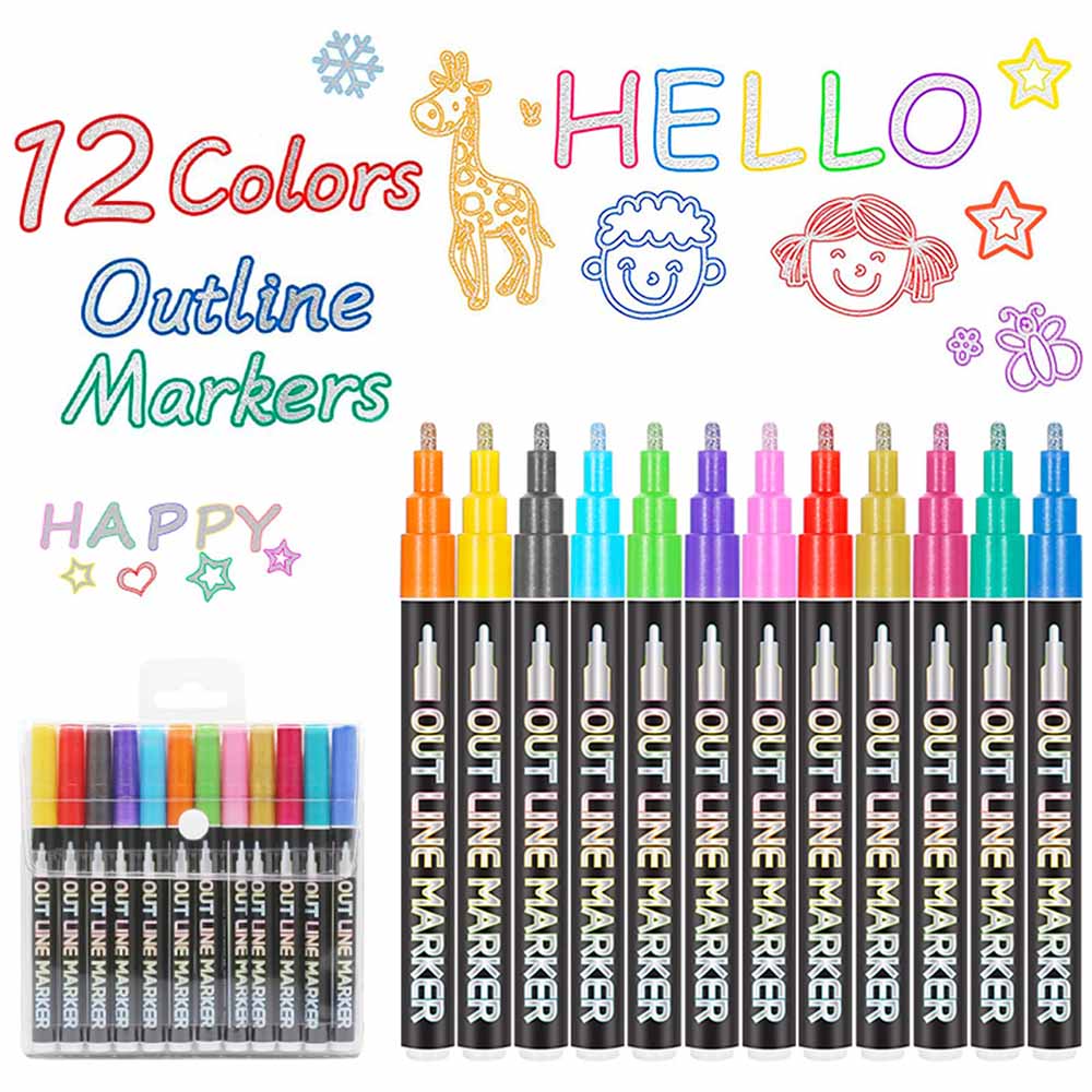 Set 12 markere Outline argintiu cu contur colorat - eMAG.ro