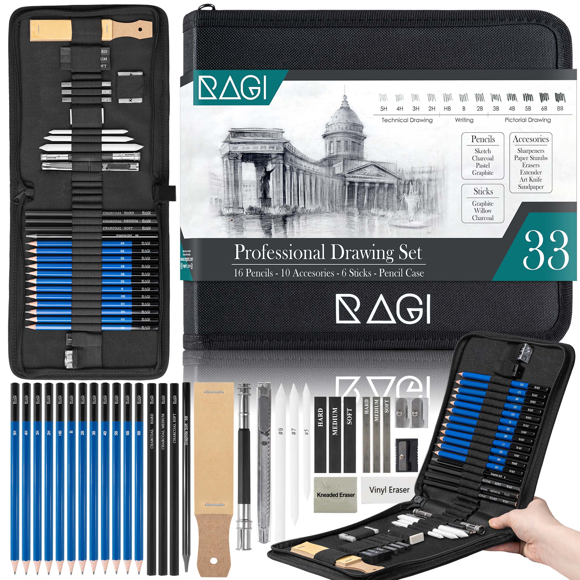 Set de creioane grafit, carbune pentru schite, desen, cu accesorii ...