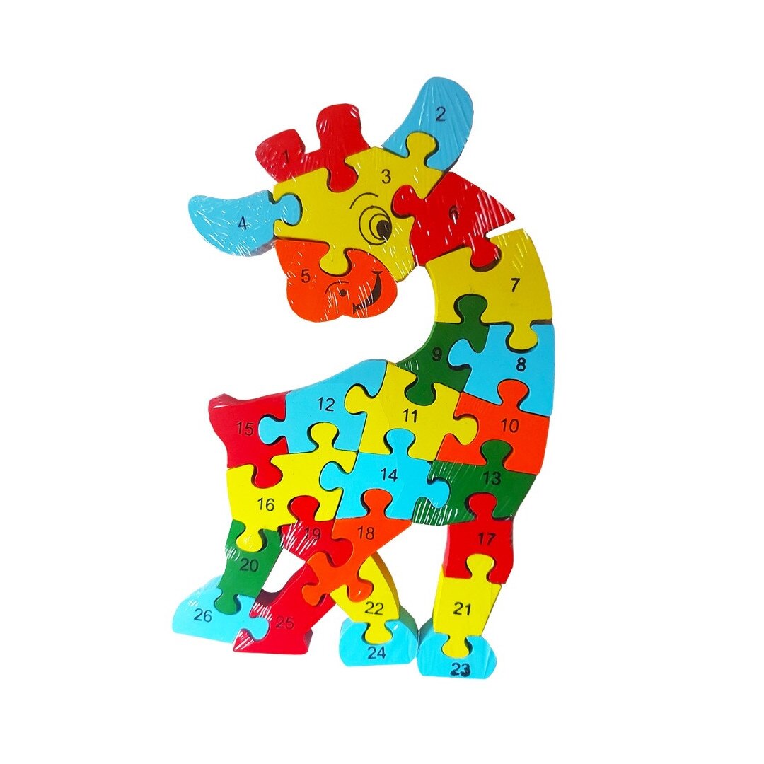 Puzzle 3D din lemn pentru copii cu Alfabet si Cifre, Girafa, 26 piese ...