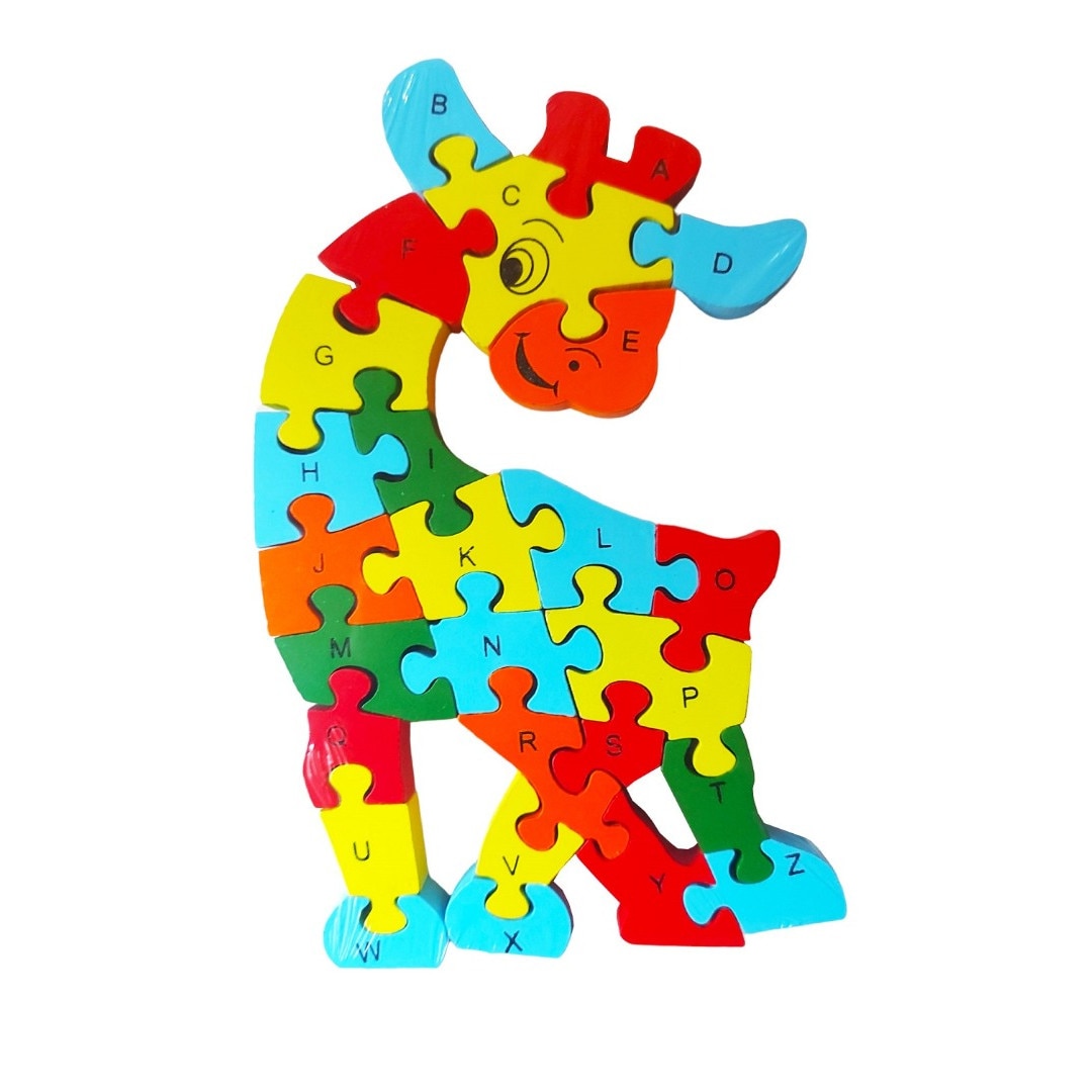 Puzzle 3D din lemn pentru copii cu Alfabet si Cifre, Girafa, 26 piese ...