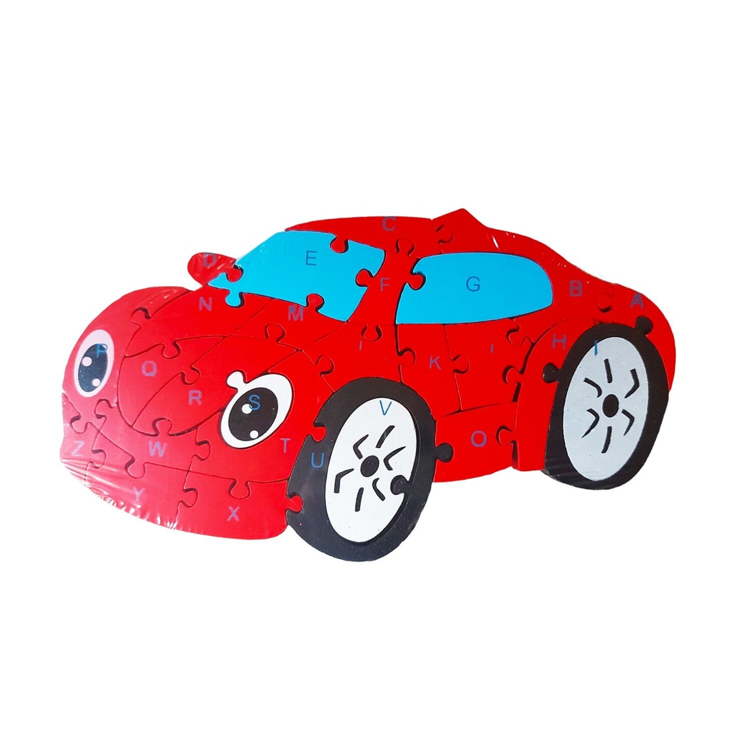 Puzzle 3D din lemn pentru copii cu Alfabet si Cifre, Masina, 26 piese ...