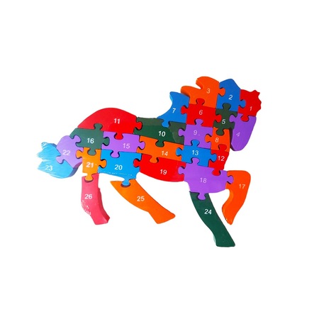Puzzle 3D din lemn pentru copii cu Alfabet si Cifre, Cal, 26 piese, 30 ...