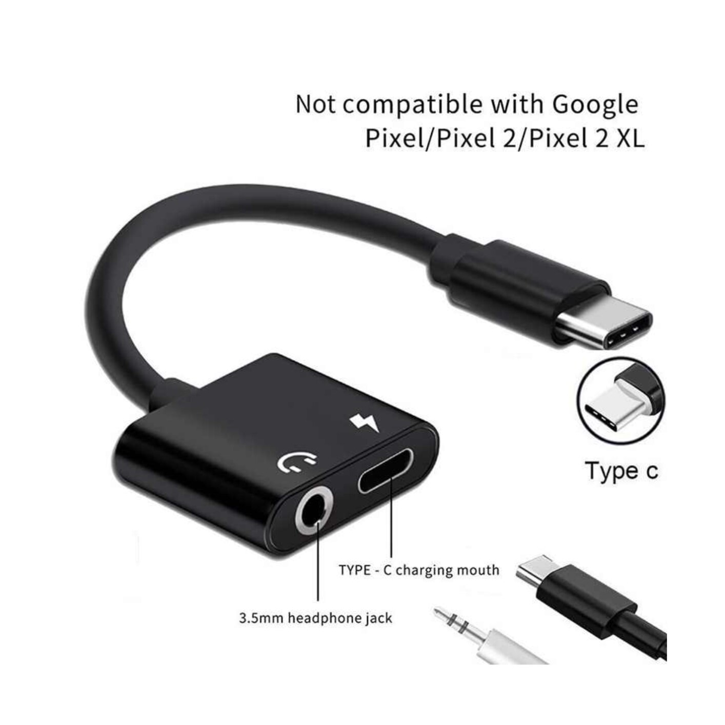 Черен адаптер 2 в 1 Слушалки и Usb Type C зарядно със сплитер за 3 5