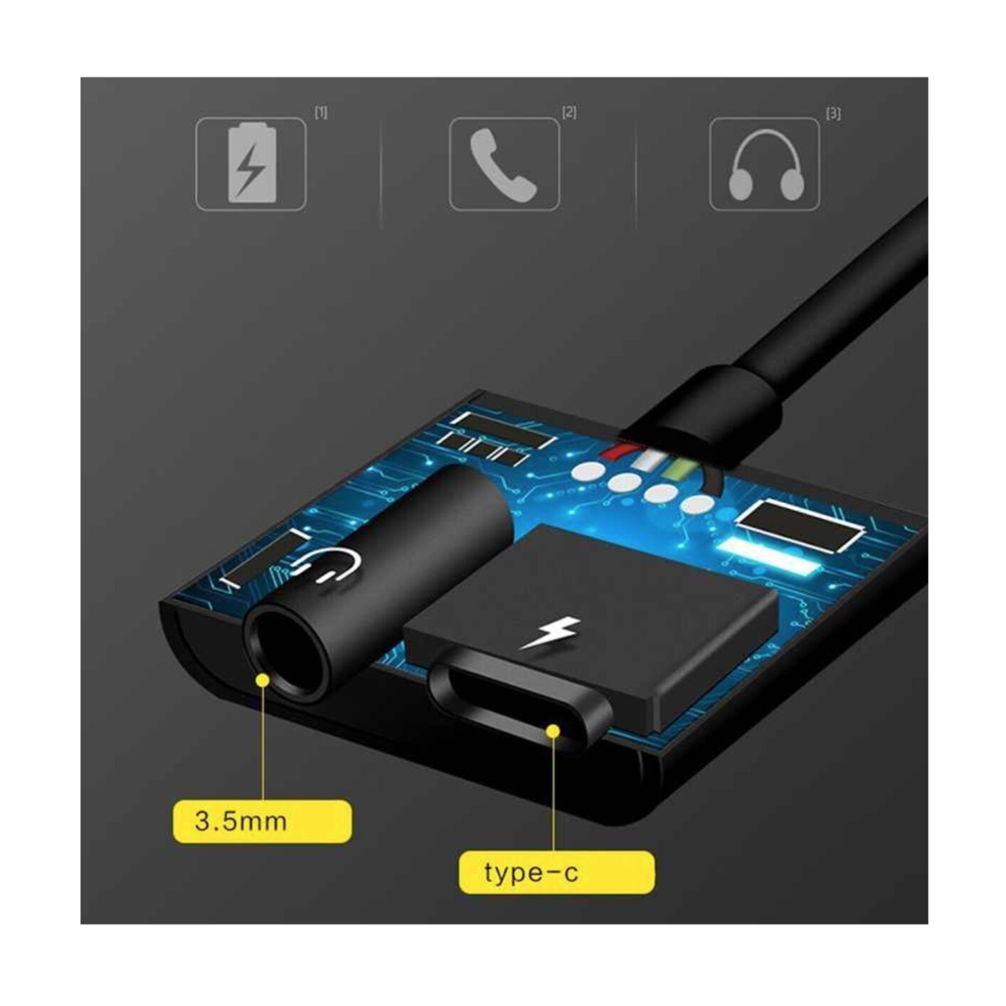 Черен адаптер 2 в 1 Слушалки и Usb Type C зарядно със сплитер за 3 5