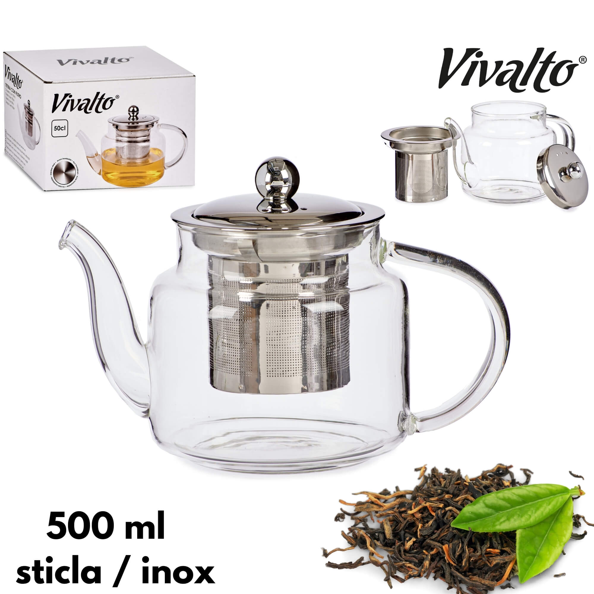 Ceainic sticla, cu infuzor inox 0,5 litri, Vivalto - eMAG.ro