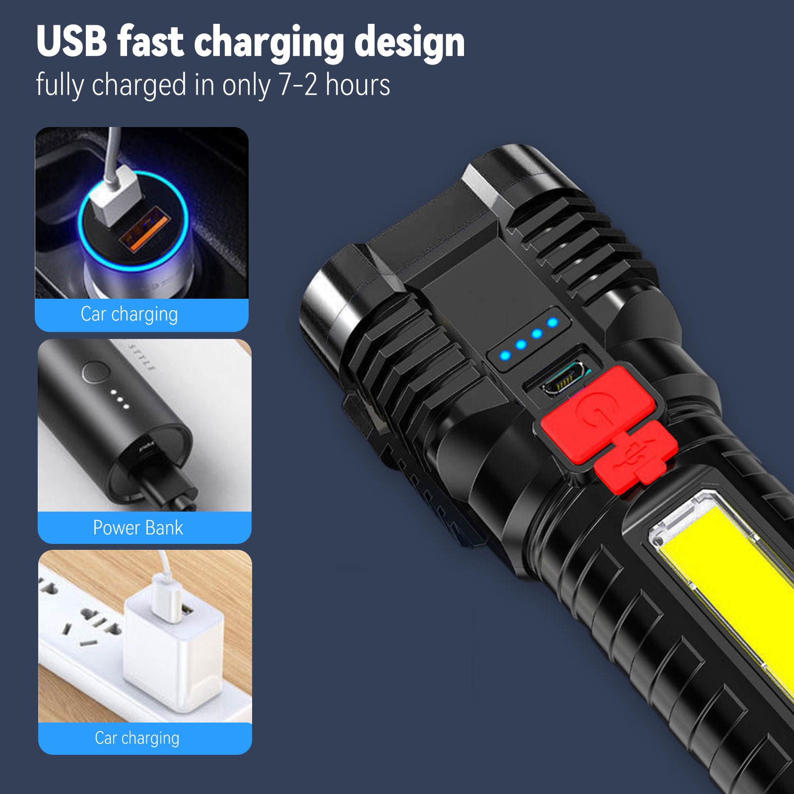 Lanterna portabila profesionala, IPX4, reincarcabila prin USB, 5 LED ...