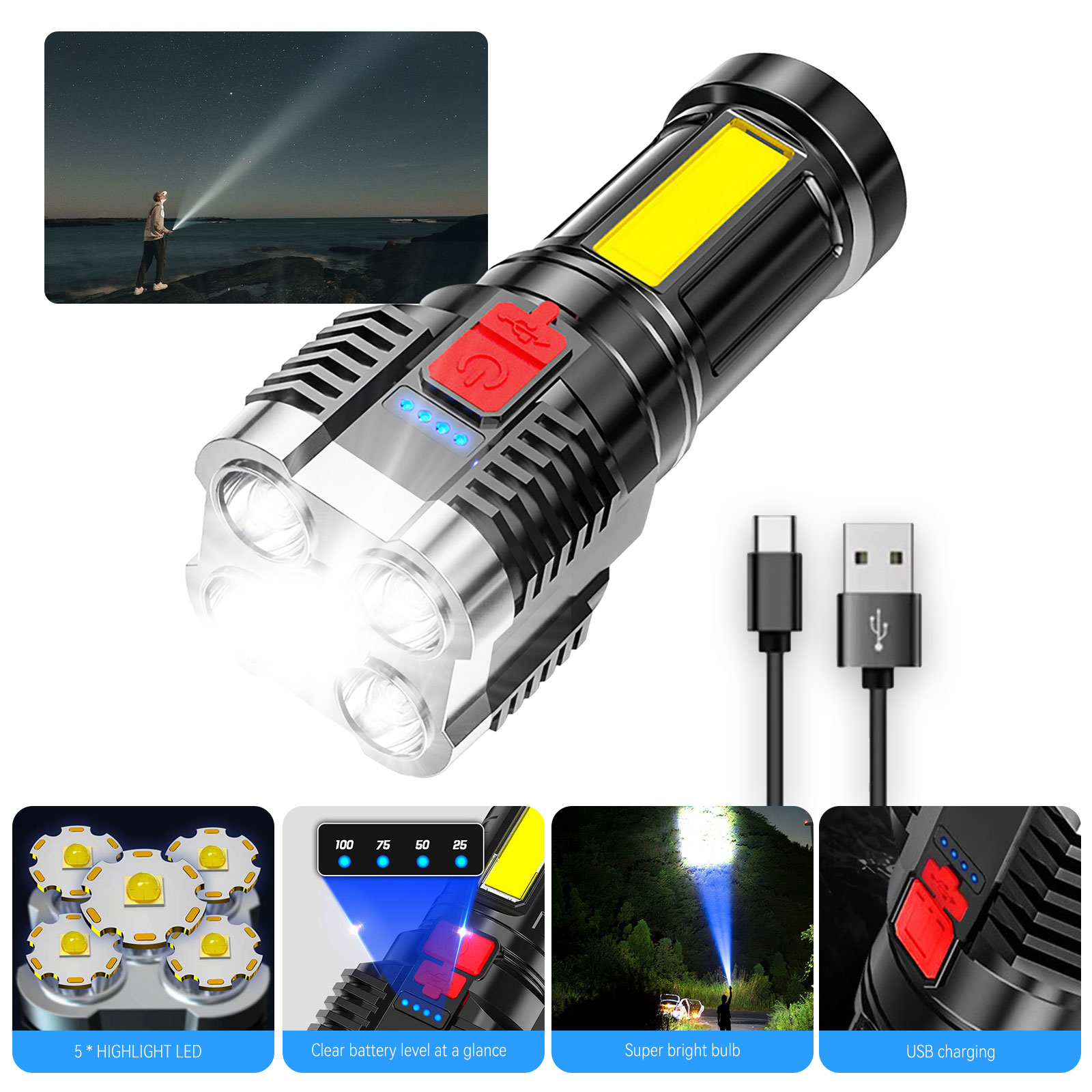 Lanterna portabila profesionala, IPX4, reincarcabila prin USB, 5 LED ...
