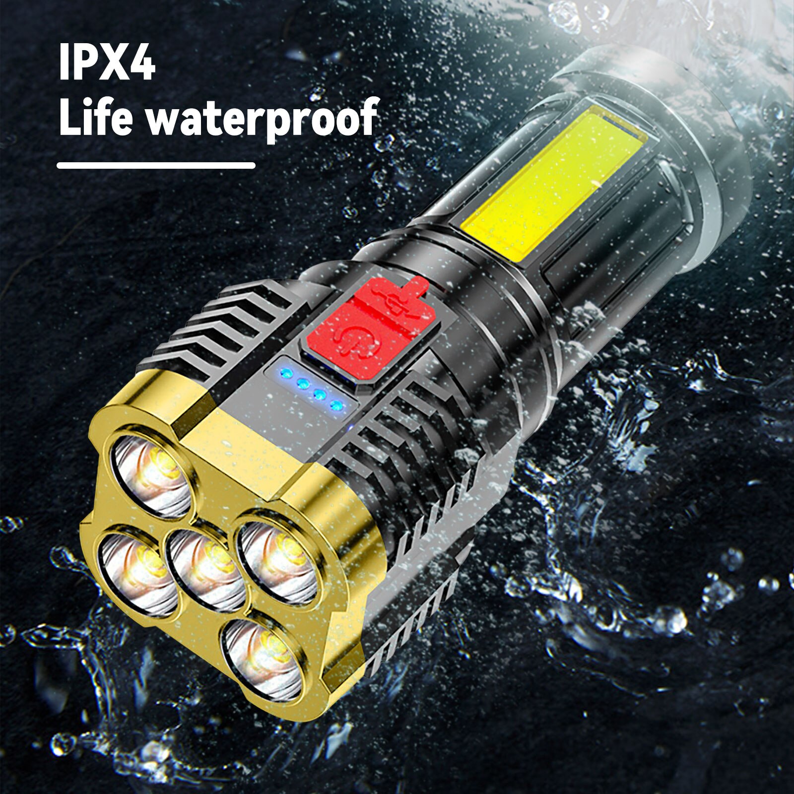 Lanterna portabila profesionala, IPX4, reincarcabila prin USB, 5 LED ...