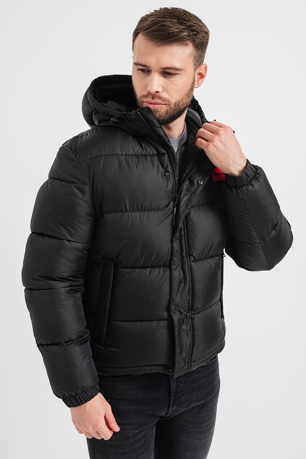 HUGO, Geaca bufanta cu gluga si model matlasat Balin, Negru, M - eMAG.ro