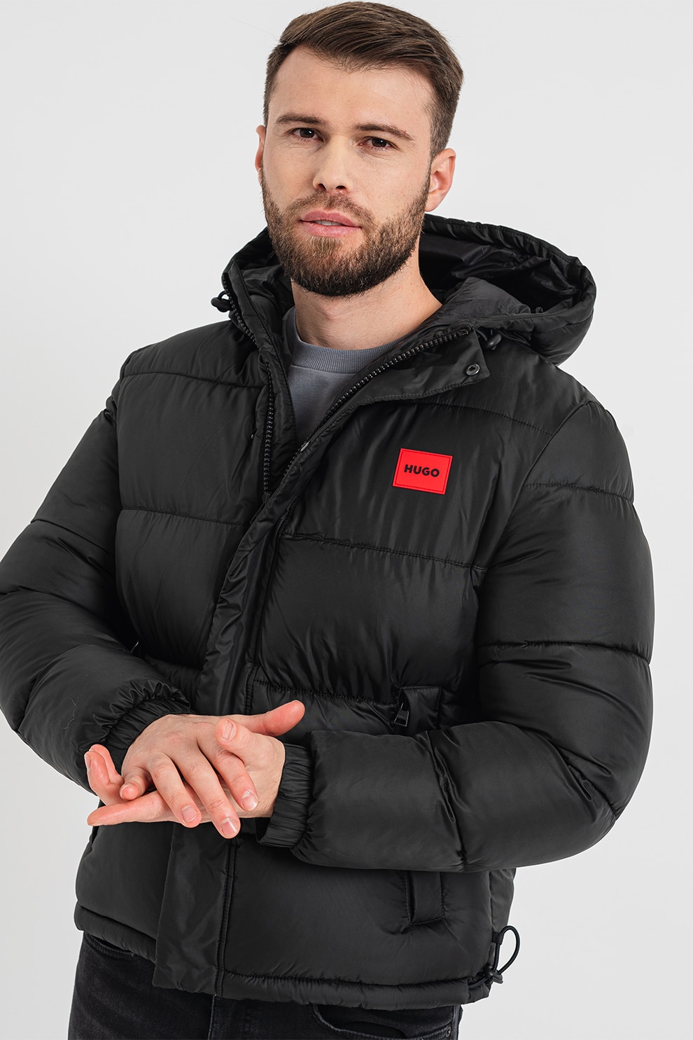HUGO, Geaca bufanta cu gluga si model matlasat Balin, Negru, M - eMAG.ro