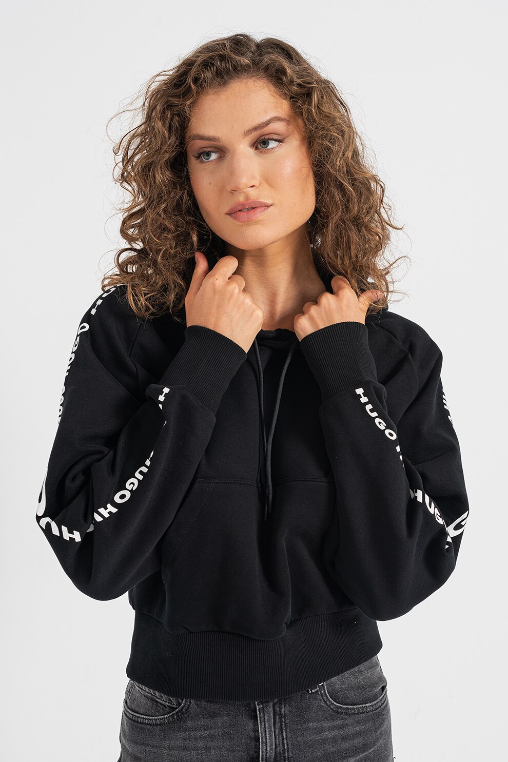 HUGO, Hanorac cu buzunar kangaroo si banda logo, Negru, Alb, XL - eMAG.ro