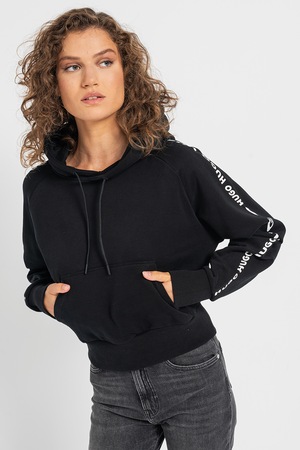 HUGO, Hanorac cu buzunar kangaroo si banda logo, Negru, Alb, XL - eMAG.ro