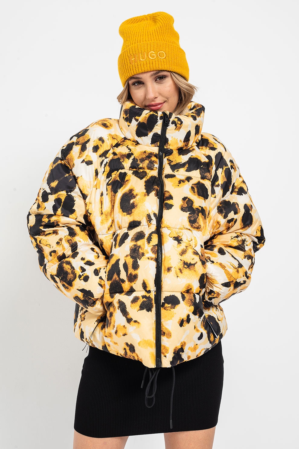 HUGO, Geaca cu animal print si vatelina, Negru, Galben sofran, Galben ...