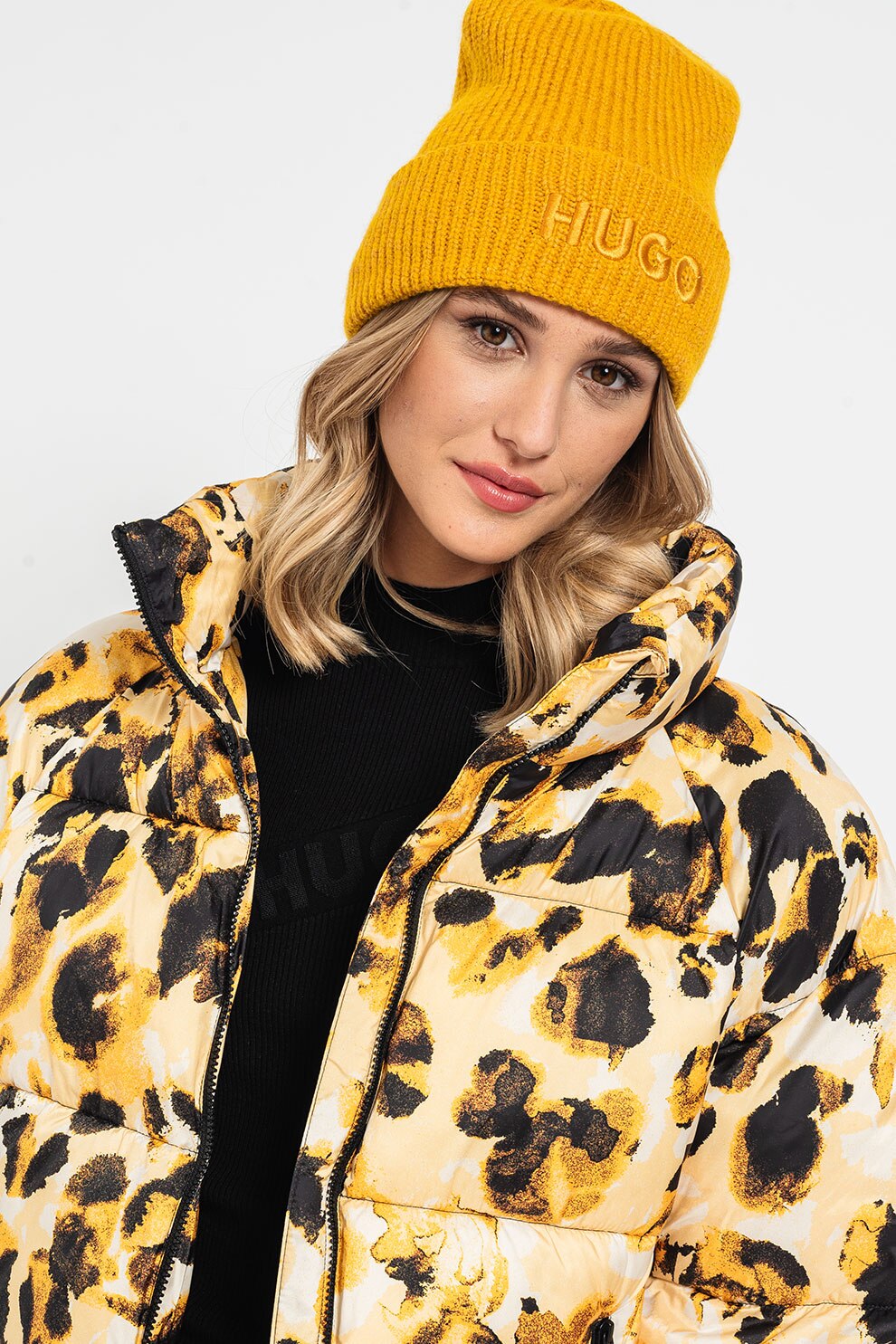 HUGO, Geaca cu animal print si vatelina, Negru, Galben sofran, Galben ...