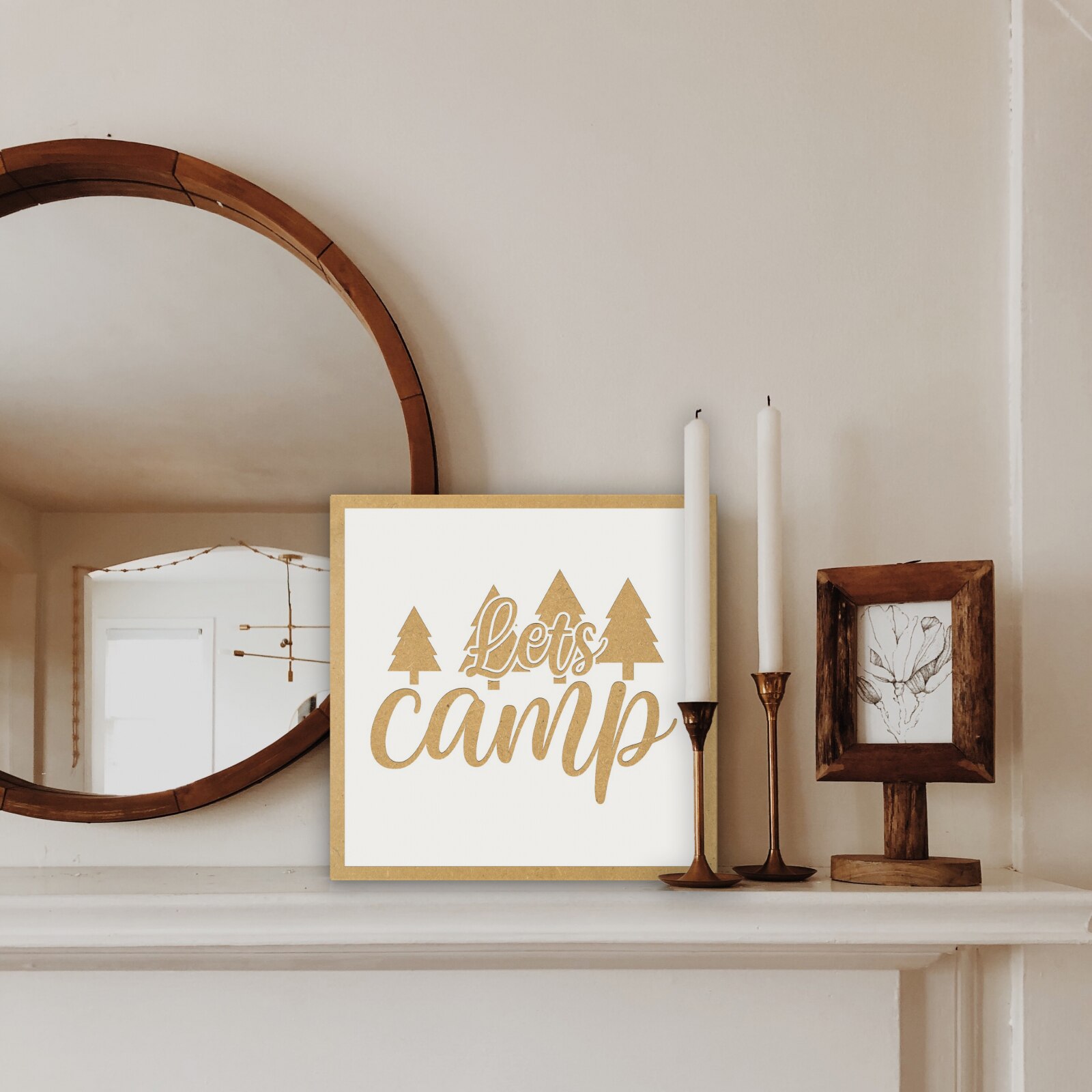 Tablou "Let's camp" gravat laser, din lemn MDF, 30x30 cm, alb-natur - eMAG.ro