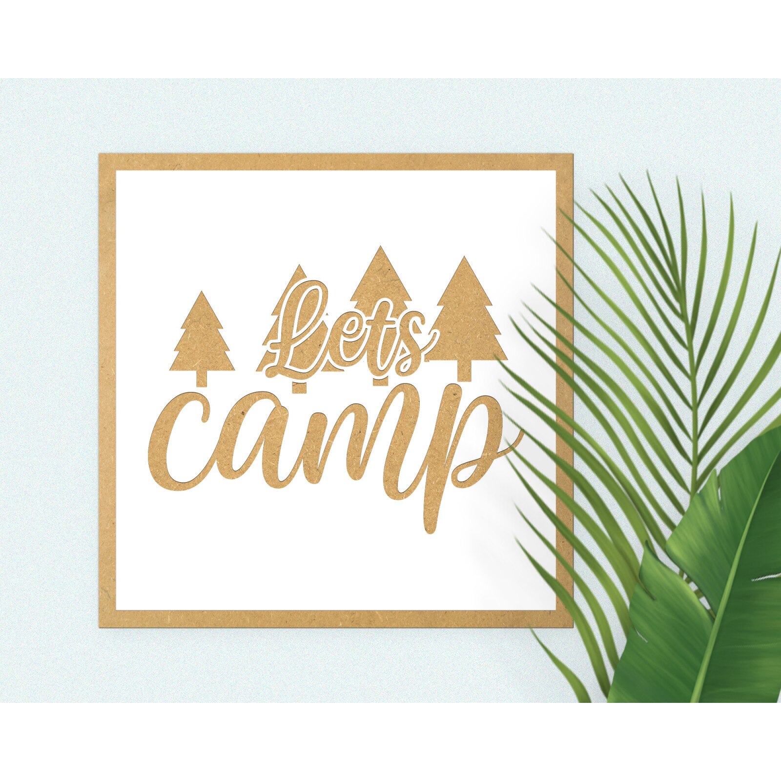 Tablou "Let's camp" gravat laser, din lemn MDF, 30x30 cm, alb-natur - eMAG.ro